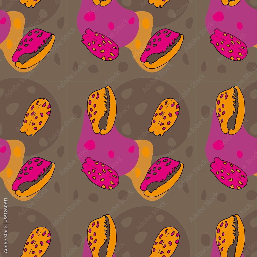 Pattern tiger shells with raspberry and yellow color on a bright ...