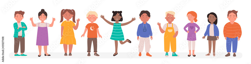 Happy diverse kids vector illustration. Cartoon flat child characters ...