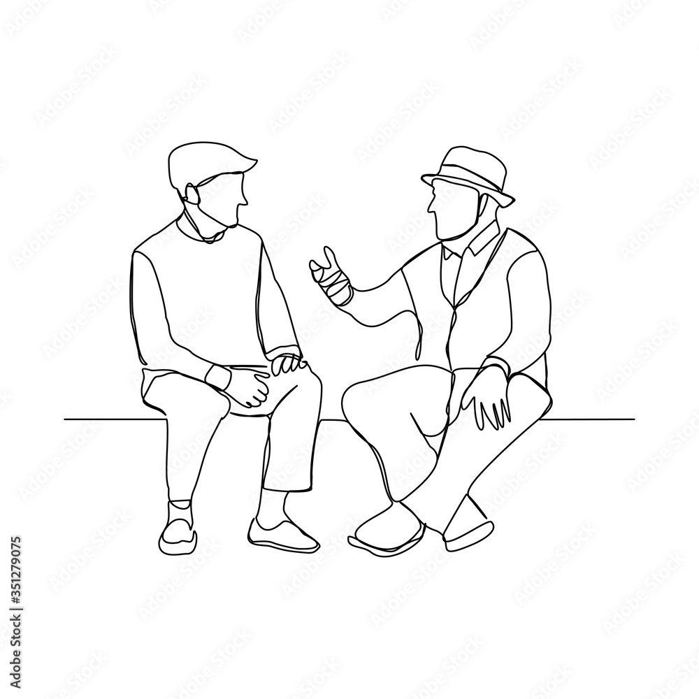 Continuous line drawing of two men sitting and talking discussion ... Continuous line drawing of two men sitting and talking discussion ...