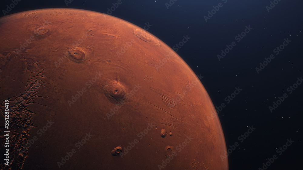 3D rendering of the Mars in space with illuminated craters and Martian ...