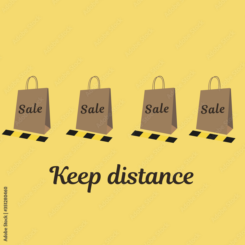 Keep your distance in the store. Packages with the words sale stand in ...