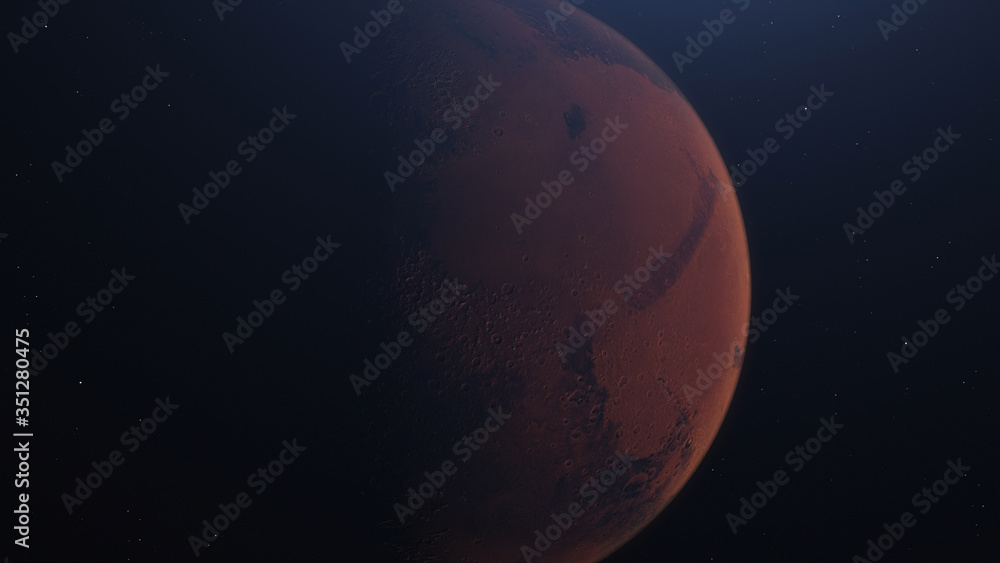 3D rendering of the Mars in space with illuminated craters and Martian ...