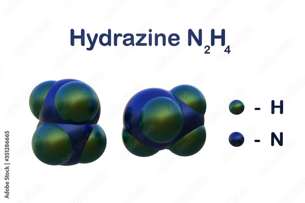 Structural chemical formula and molecular model of hydrazine, an ...