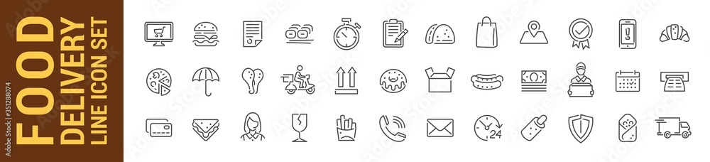 Food delivery vector isolated line icon set. delivery service & fast ...