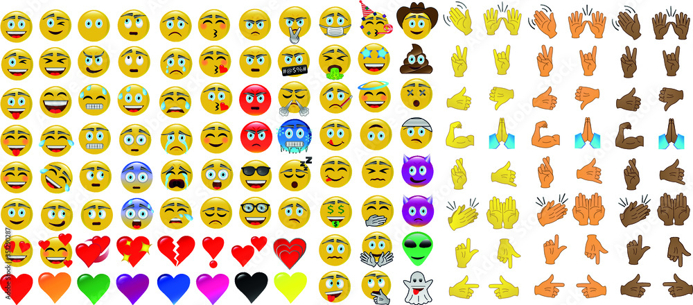 Conjunto de emojis. Emoticons com carinhas e sinais de mão. vector de ...