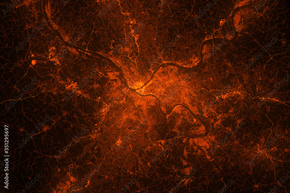 Pittsburgh top view. Night city with street lights, view from space ...