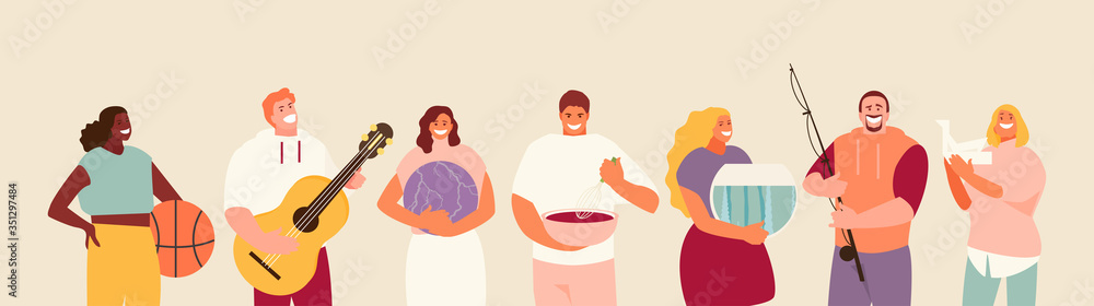 Group of people with differences favorite hobbies and interests. Vector ...