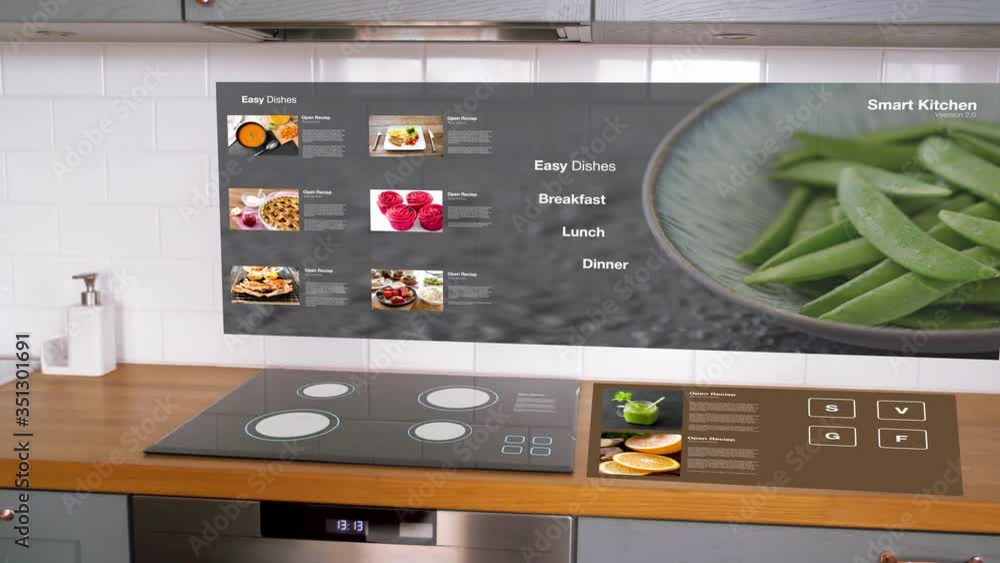 technology, future and smart home concept - modern kitchen with virtual ...