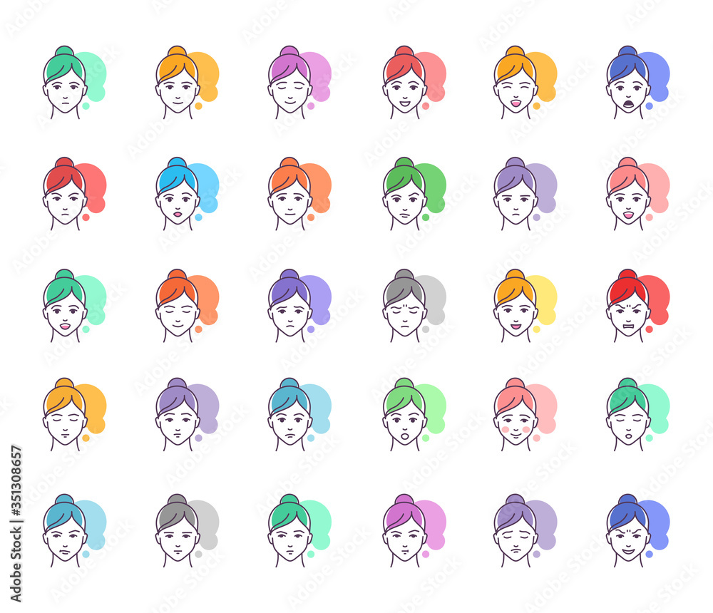 Human feelings line color icons set. Face of a young girl depicting ...