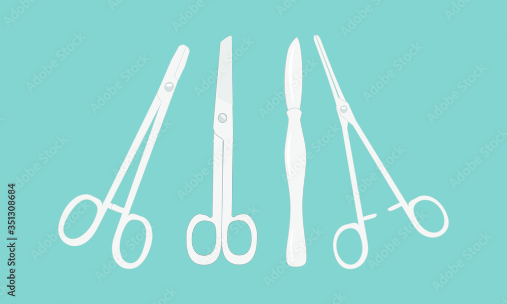Vector illustration of surgical instruments, scalpel, medical clip ...