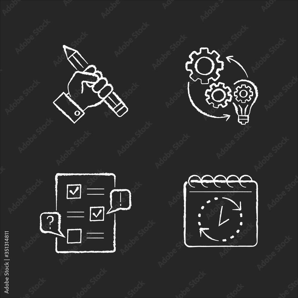 Technical project chalk white icons set on black background. Research ...