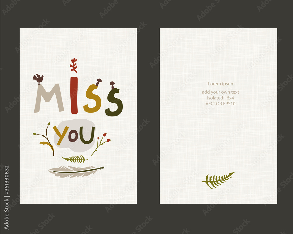 Woodland miss you note greeting card template on linen background ...