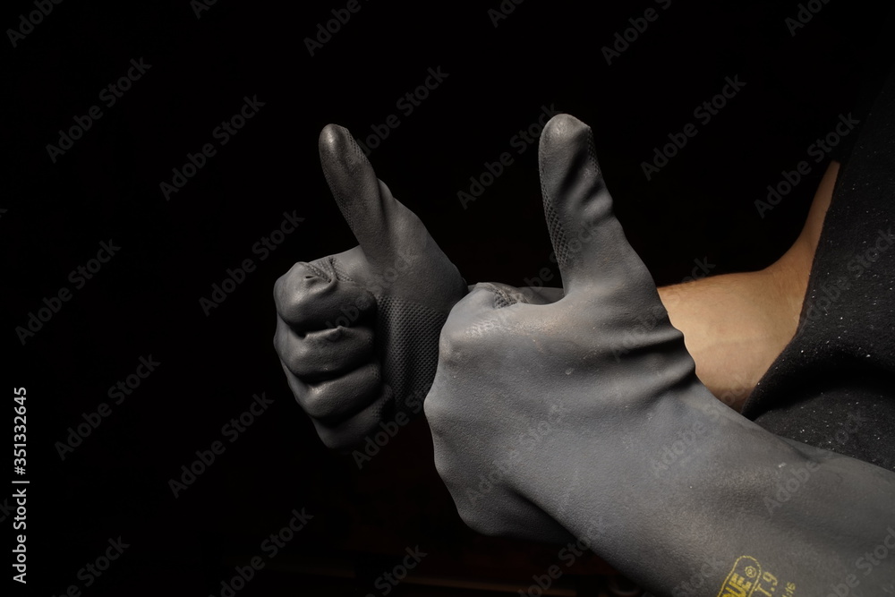 Hand gestures industrial black rubber gloves for personal safety hand ...