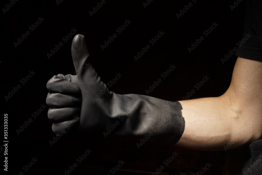 Hand gestures industrial black rubber gloves for personal safety hand ...