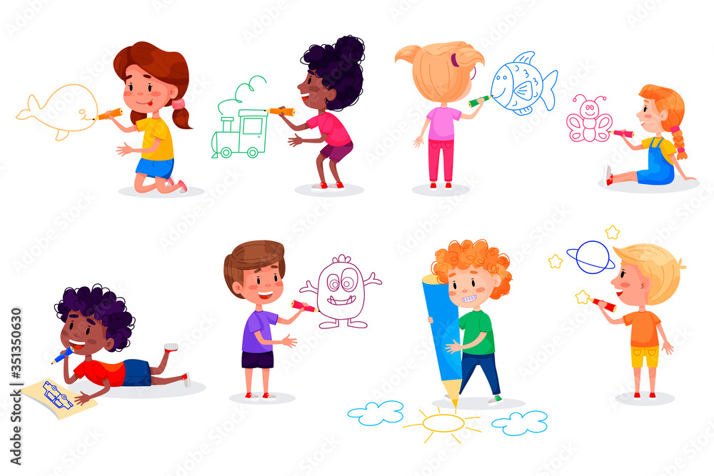 Kids characters are drawing on white walls. Children international day ...