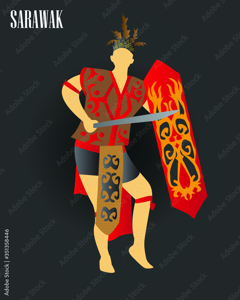 Vector illustration of a Sarawak Man in his Traditional costume. Iban ...
