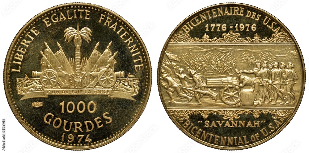 Haiti Haitian golden coin 1000 one thousand gourdes 1974, subject ...