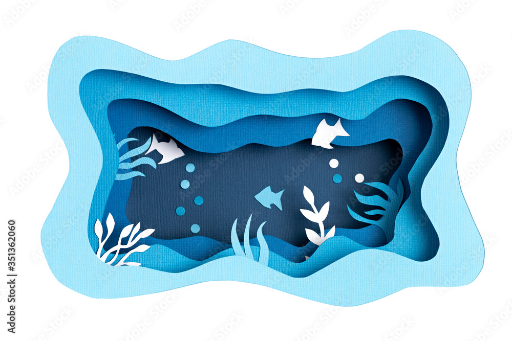 Paper cut for world ocean day deep underwater sea. Blue marine life ...