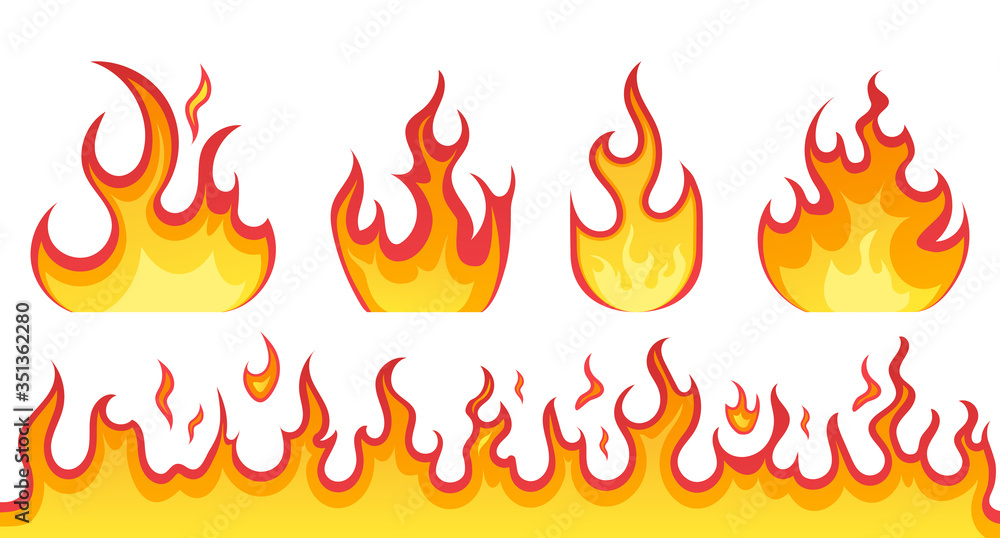 Fire flames vector icons in cartoon style on a white background. Flames ...