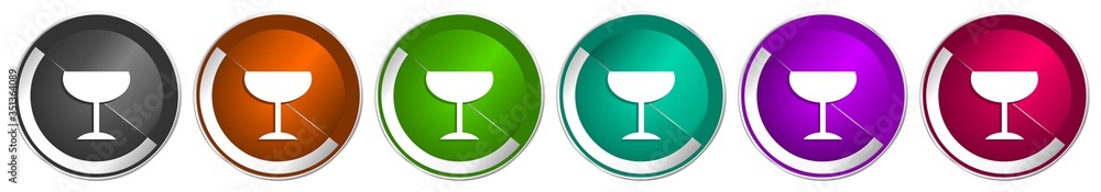 Alcohol icon set, silver metallic chrome border vector web buttons in 6 ...