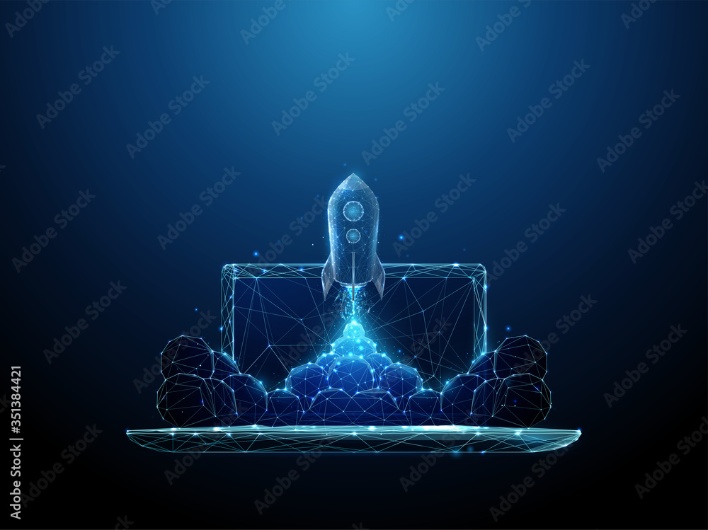 Abstract low poly rocket launch from laptop Stock Vector | Adobe Stock