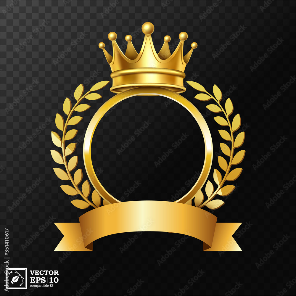 Realistic Golden Crown with Laurel Wreath and a Gold Ribbon for text ...