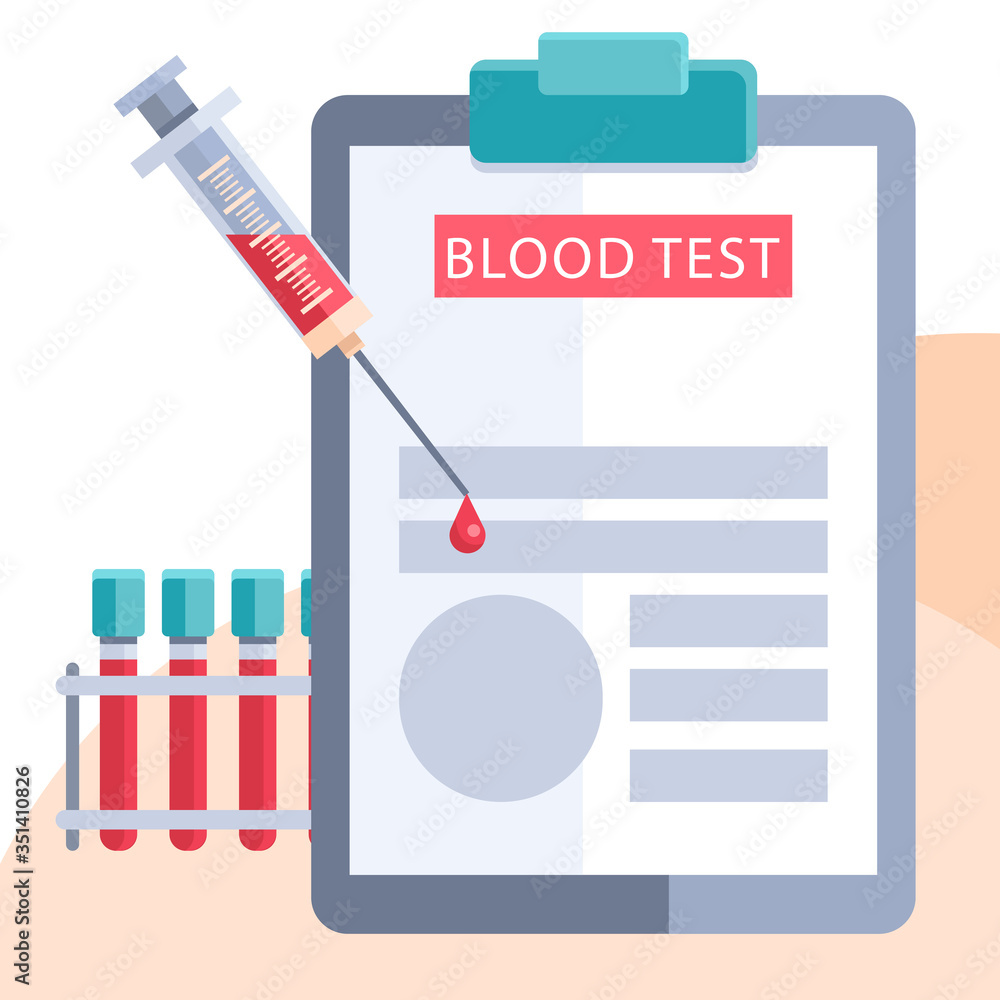 Medical syringe on white isolated backdrop. Blood test tubes for social ...
