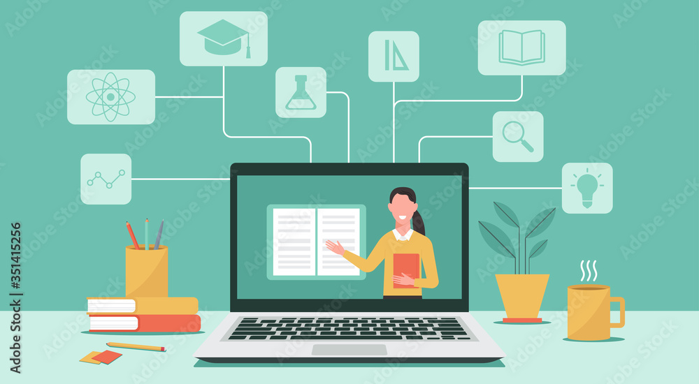 online education or e-learning, home school, woman teacher teaching on ...