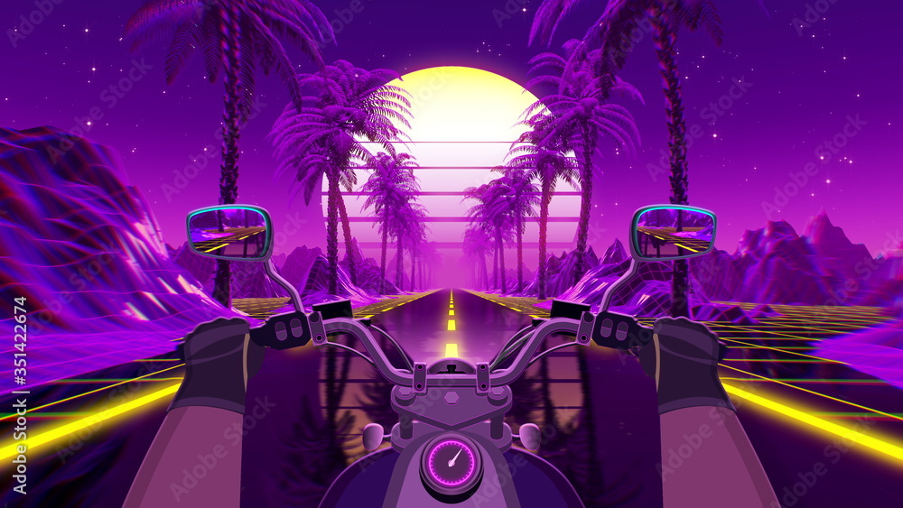80s retro futuristic sci-fi background with motorcycle pov. Riding in ...