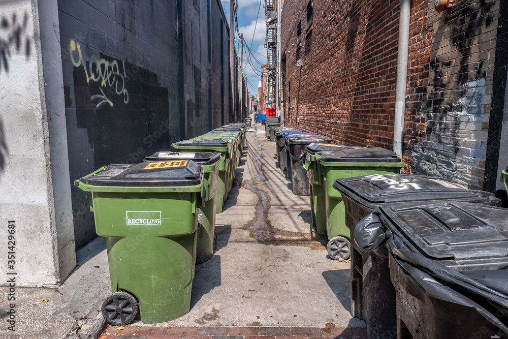 Trash and Recycling cans lined up in an alley in a city 스톡 사진 | Adobe Stock