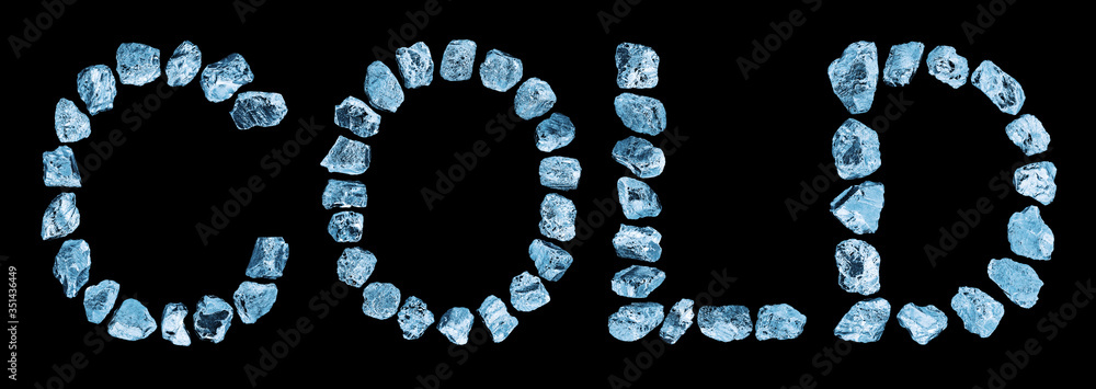 Word COLD made of blue crushed ice cubes on black background isolated ...