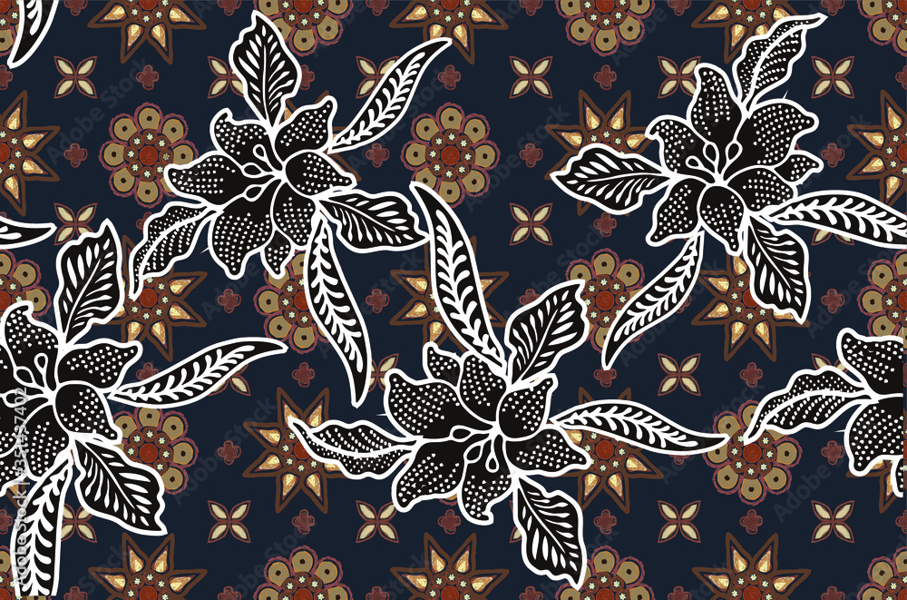 Indonesian batik motifs with very distinctive plant patterns. Batik is a wax coloring technique ...