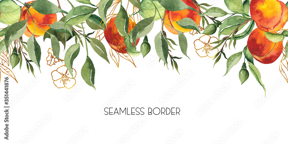 Watercolor hand painted seamless border of fruits and flowers with ripe ...