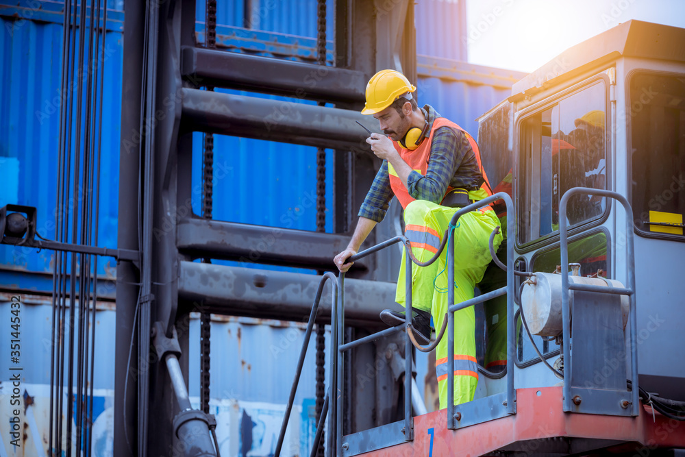 A dock worker under discussion about dock container shipping warehouse ...