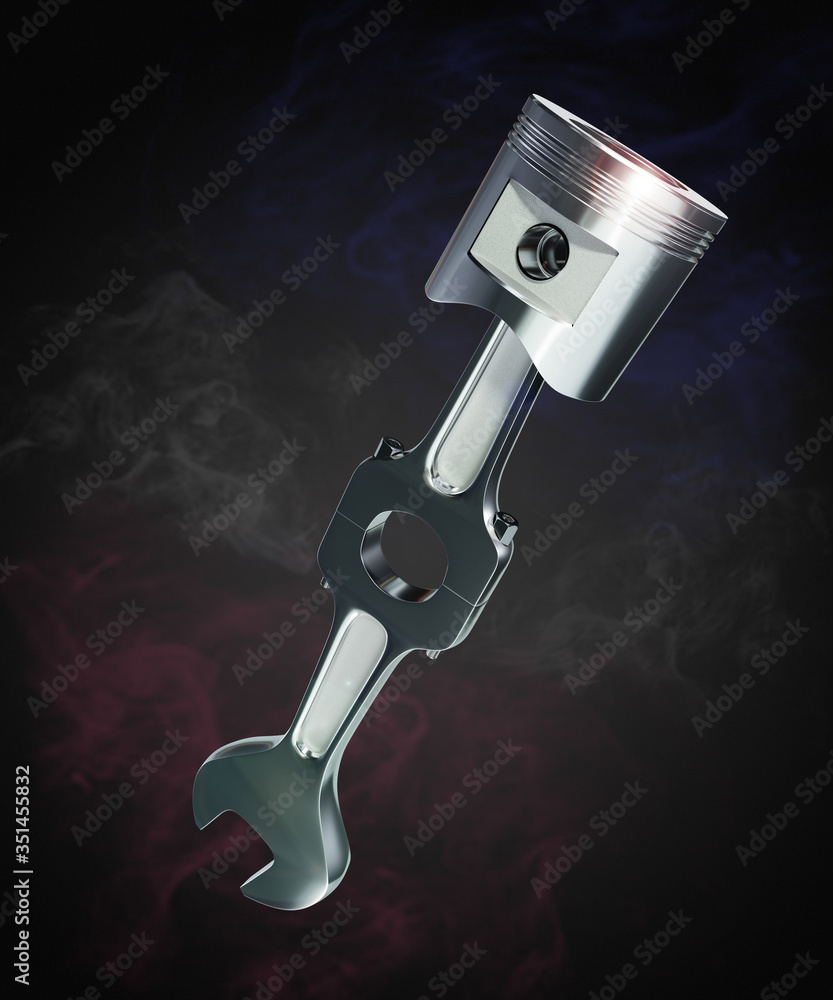 Piston and wrench made of aluminum with chrome color in dark and smoke ...