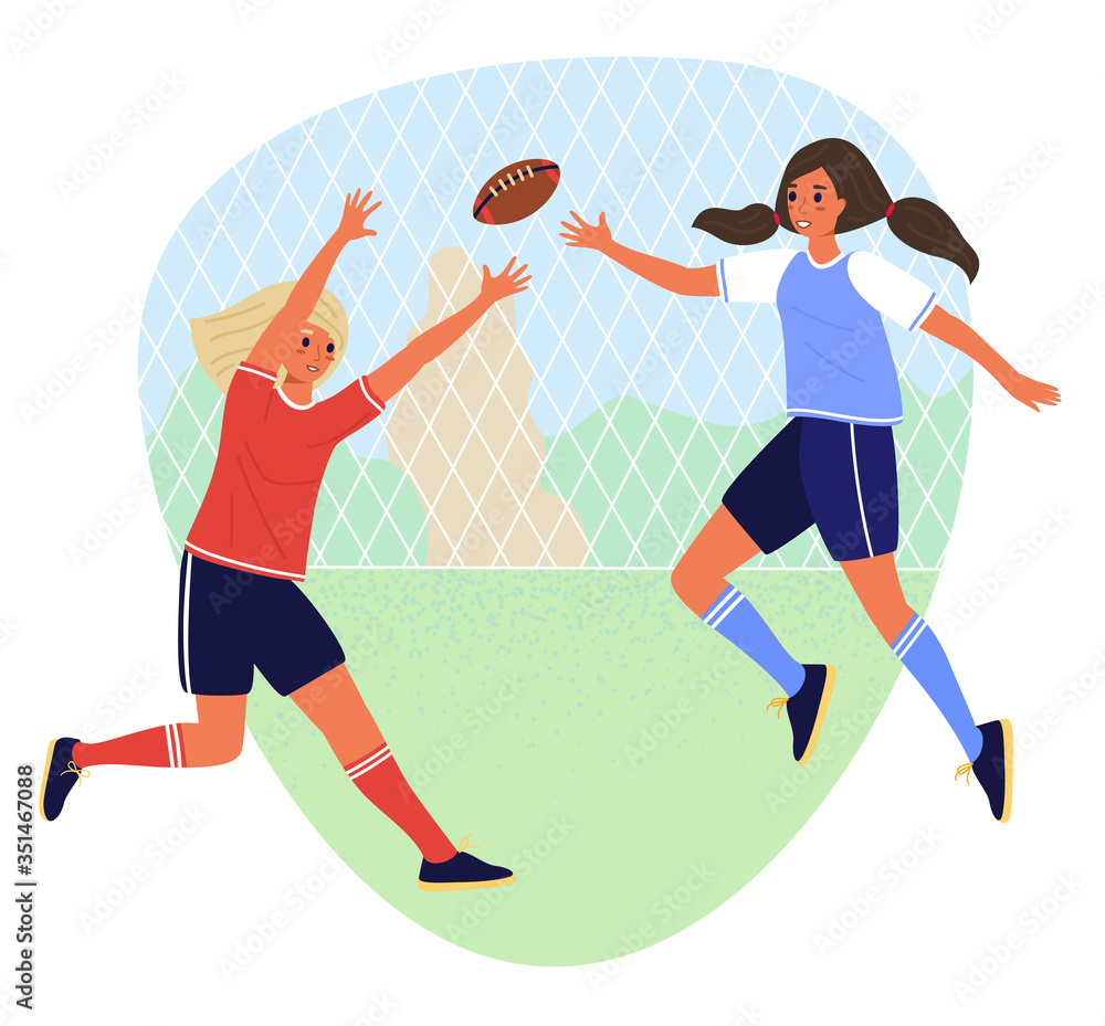 Two student girls play rugby in school sports ground. Flat cartoon ...