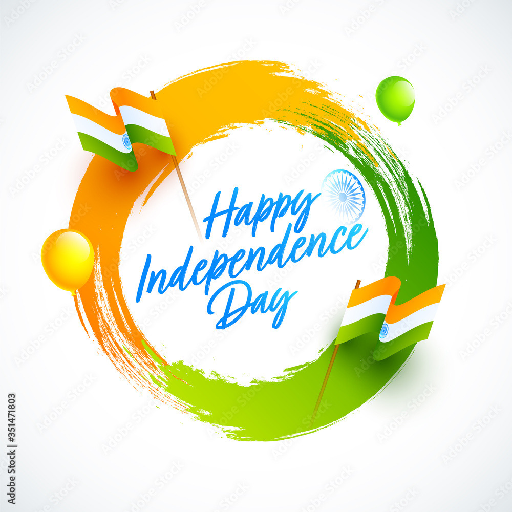 Happy Independence Day Font with Indian Wavy Flag, Glossy Balloon on ...