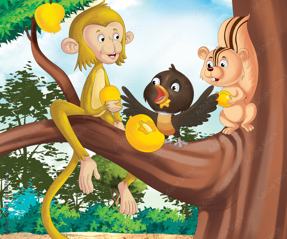 cartoon animal playing, monkey, bird, squirrel Stock Illustration ...