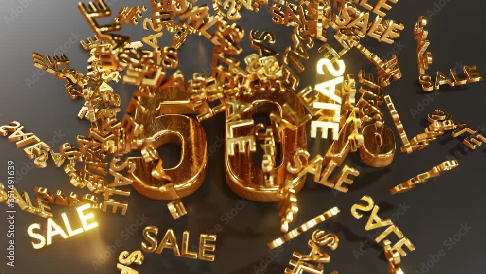 Gold lettering SALE falls and bounces off the lettering 50%, fifty ...