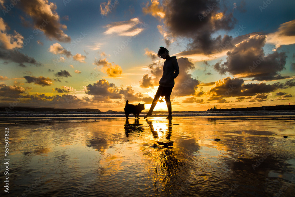 Foto de Silueta de mujer con su perro a la orilla del mar en un hermoso ...