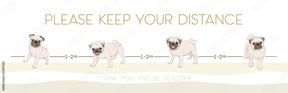 Please keep your distance. Poster with pugs for public places. Vector ...