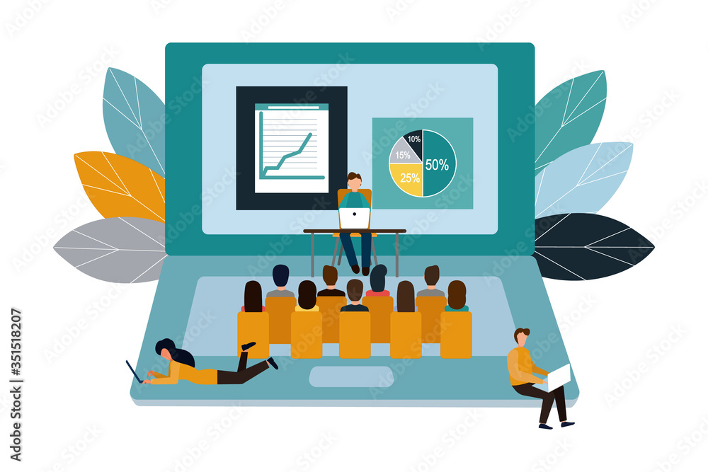 Vetor de Vector illustration, online courses for employees, people sit ...