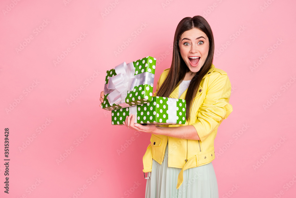 Unbelievable its for me. Astonished funky crazy girl receive big gift ...