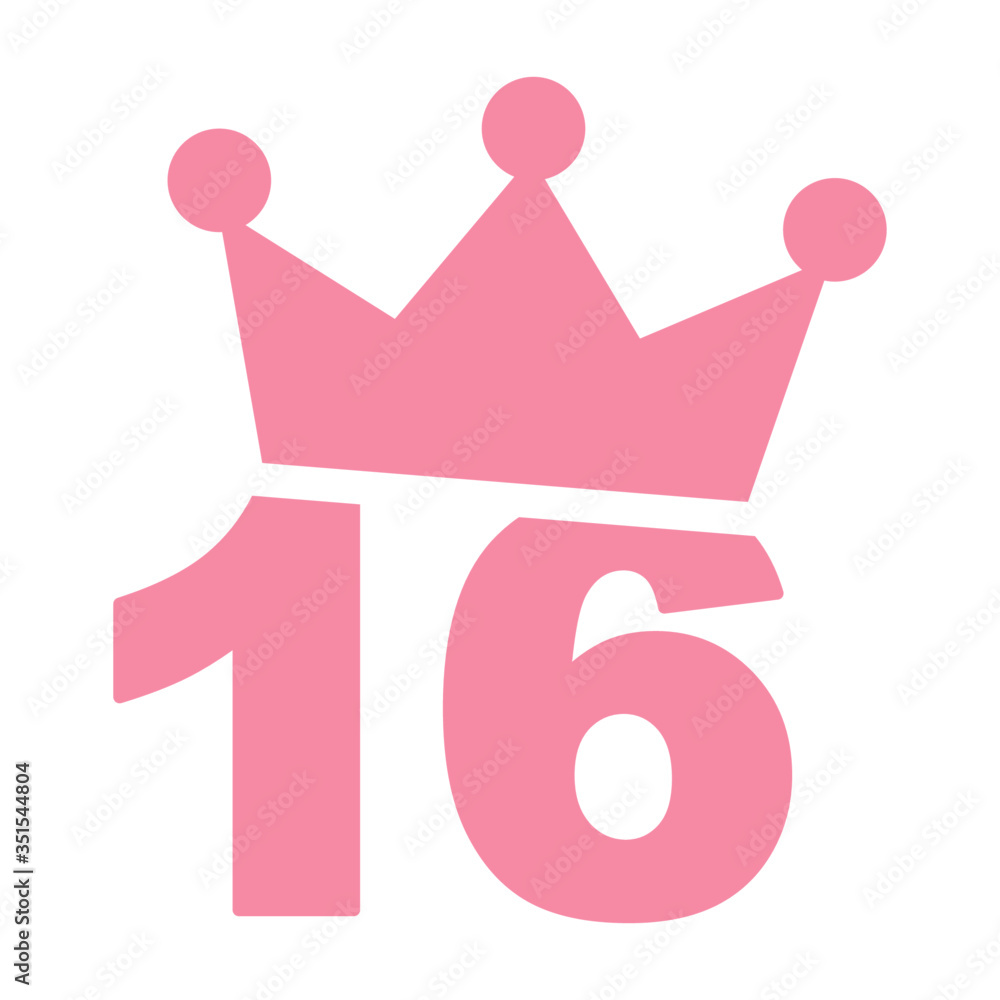 Vector illustration of 16th birthday pink icon - Number sixteen with a ...