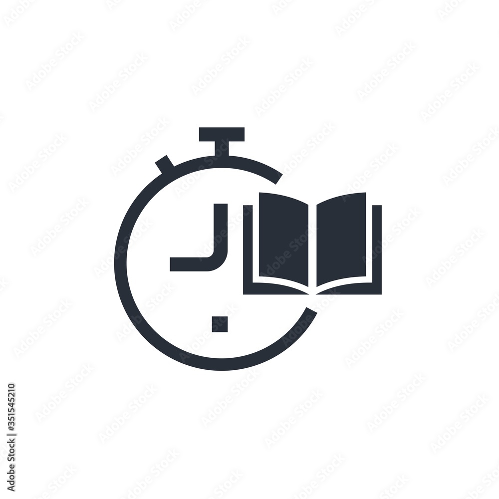 Open book and clock. Study time. Vector icon isolated on white ...