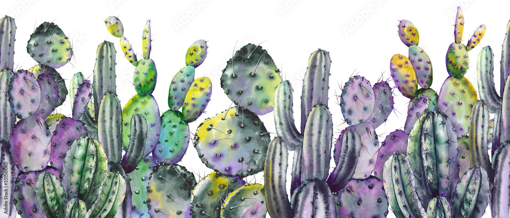 Seamless border with colorful cactus plants. Stock Illustration | Adobe ...