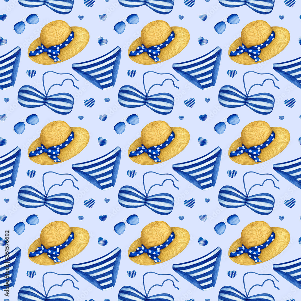 Watercolor blue seamless pattern. Summer sea beach clothes and ...