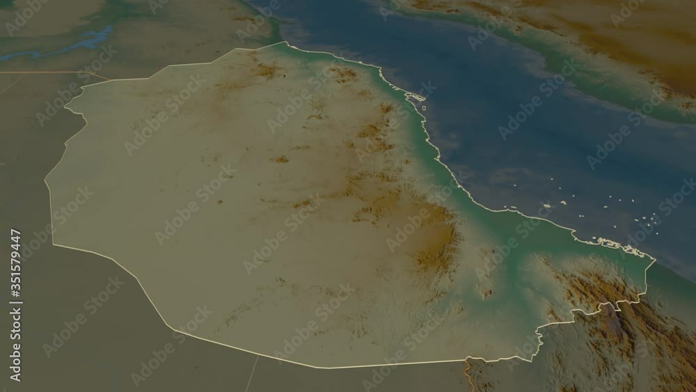 Red Sea, state with its capital, zoomed and extruded on the relief map ...