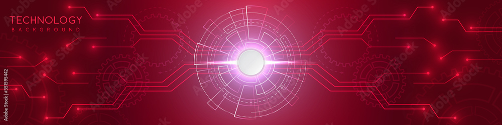 Red technology background with various technological elements. The ...