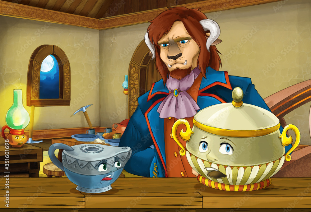 cartoon scene with old traditional kitchen with magical living dishes ...